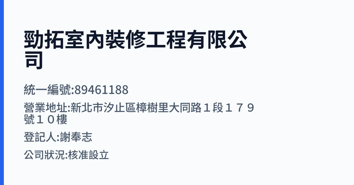 勁拓室內裝修工程有限公司 - 統編 89461188(新北市) 公司登記資料與營業項目詳細圖表