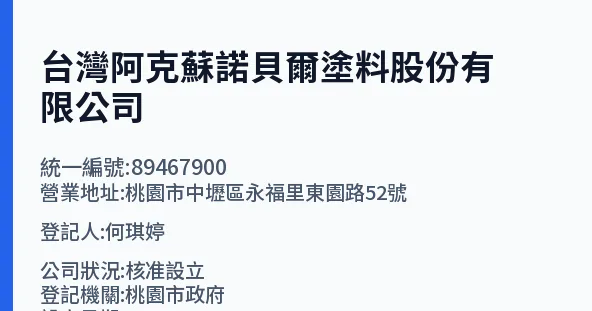 台灣阿克蘇諾貝爾塗料股份有限公司的照片-統編 89467900(桃園市) 公司登記資料與營業項目詳細圖表