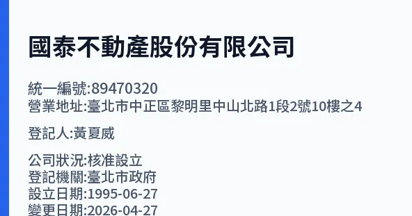 國泰不動產股份有限公司的照片-統編 89470320(臺北市) 公司登記資料與營業項目詳細圖表
