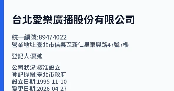 台北愛樂廣播股份有限公司的照片-統編 89474022(臺北市) 公司登記資料與營業項目詳細圖表
