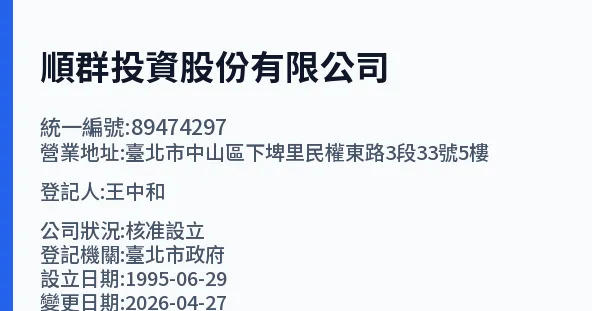 順群投資股份有限公司的照片-統編 89474297(臺北市) 公司登記資料與營業項目詳細圖表