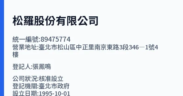 松羅股份有限公司的照片-統編 89475774(臺北市) 公司登記資料與營業項目詳細圖表
