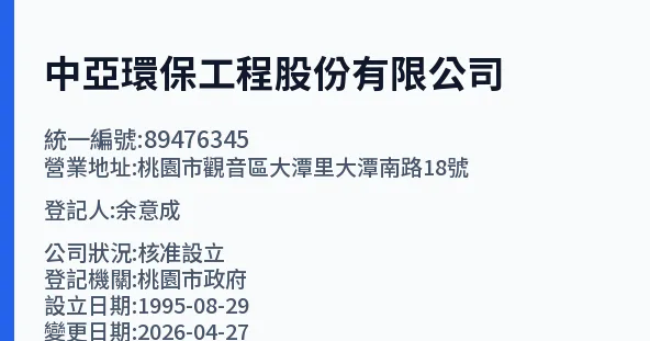 中亞環保工程股份有限公司的照片-統編 89476345(桃園市) 公司登記資料與營業項目詳細圖表