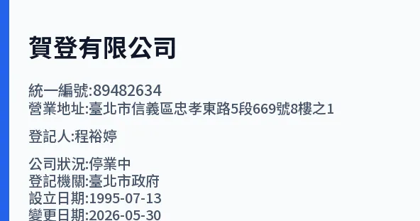 賀登有限公司的照片-統編 89482634(臺北市) 公司登記資料與營業項目詳細圖表