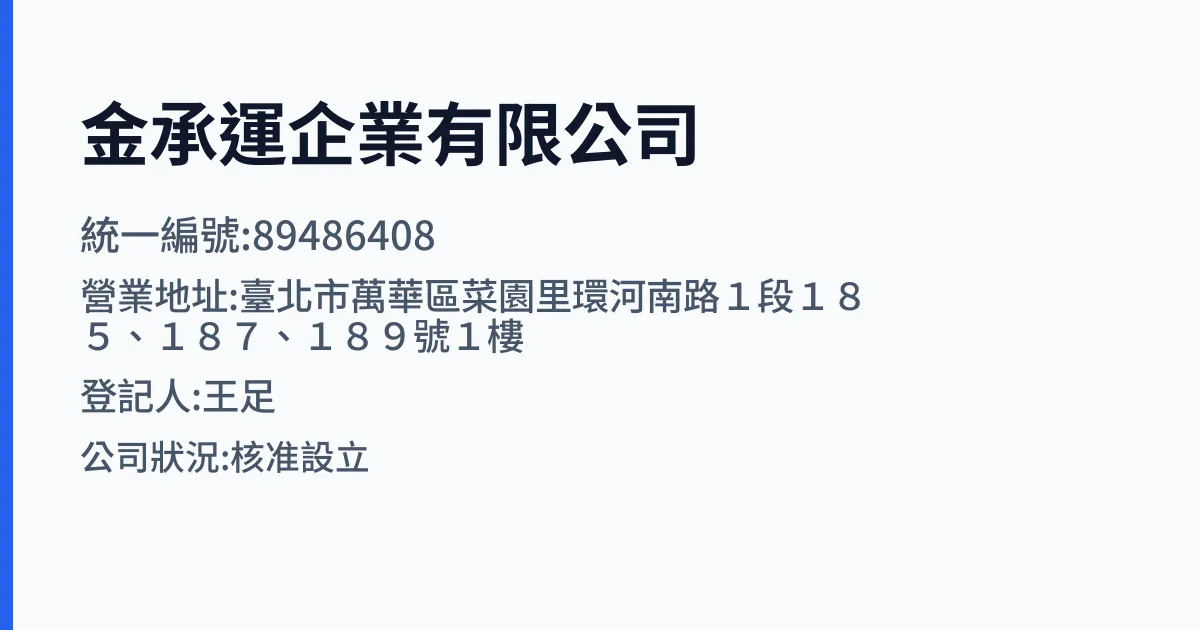 金承運企業有限公司 - 統編 89486408(臺北市) 公司登記資料與營業項目詳細圖表