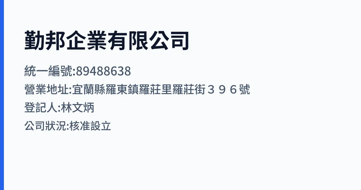 勤邦企業有限公司 - 統編 89488638(宜蘭縣) 公司登記資料與營業項目詳細圖表
