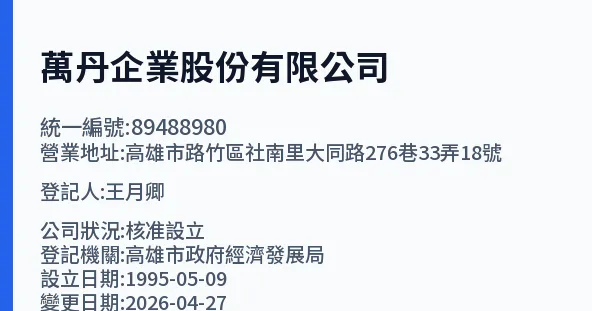萬丹企業股份有限公司的照片-統編 89488980(高雄市) 公司登記資料與營業項目詳細圖表