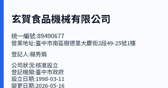 玄賀食品機械有限公司的照片-統編 89490677(臺中市) 公司登記資料與營業項目詳細圖表