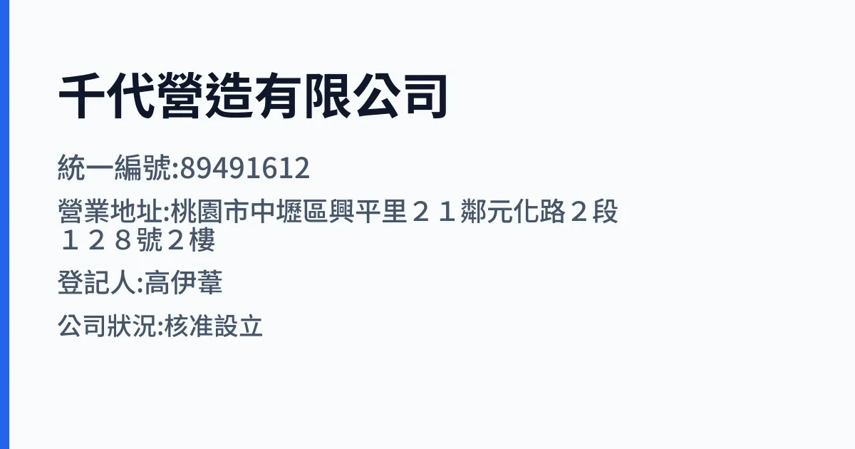 千代營造有限公司 - 統編 89491612（桃園市） 公司登記資料與營業項目詳細圖表
