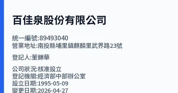 百佳泉股份有限公司的照片-統編 89493040(南投縣) 公司登記資料與營業項目詳細圖表