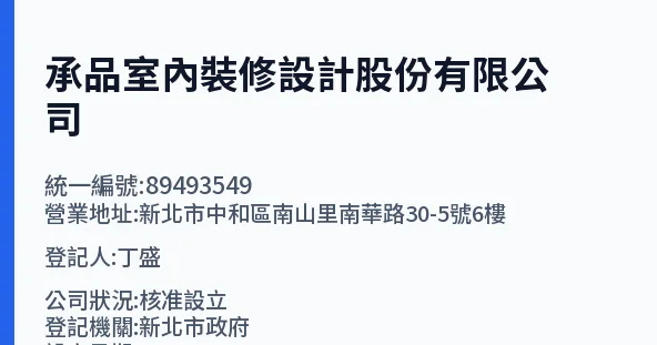 承品室內裝修設計股份有限公司的照片-統編 89493549(新北市) 公司登記資料與營業項目詳細圖表