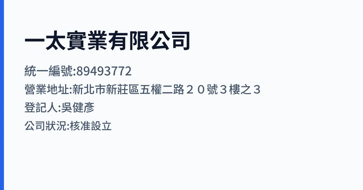 一太實業有限公司 - 統編 89493772(新北市) 公司登記資料與營業項目詳細圖表