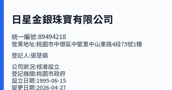 日星金銀珠寶有限公司的照片-統編 89494218(桃園市) 公司登記資料與營業項目詳細圖表