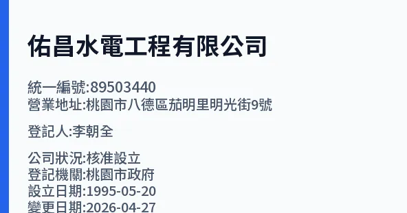 佑昌水電工程有限公司的照片-統編 89503440(桃園市) 公司登記資料與營業項目詳細圖表