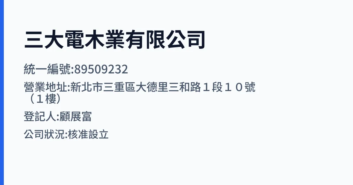 三大電木業有限公司 - 統編 89509232(新北市) 公司登記資料與營業項目詳細圖表