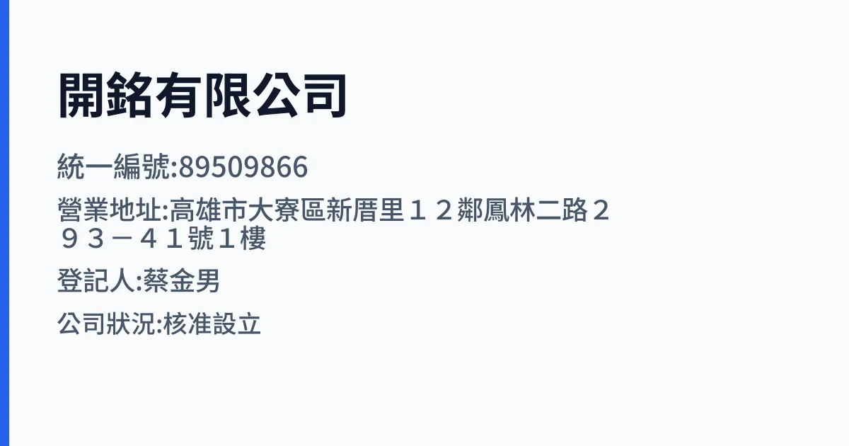 開銘有限公司 - 統編 89509866(高雄市) 公司登記資料與營業項目詳細圖表