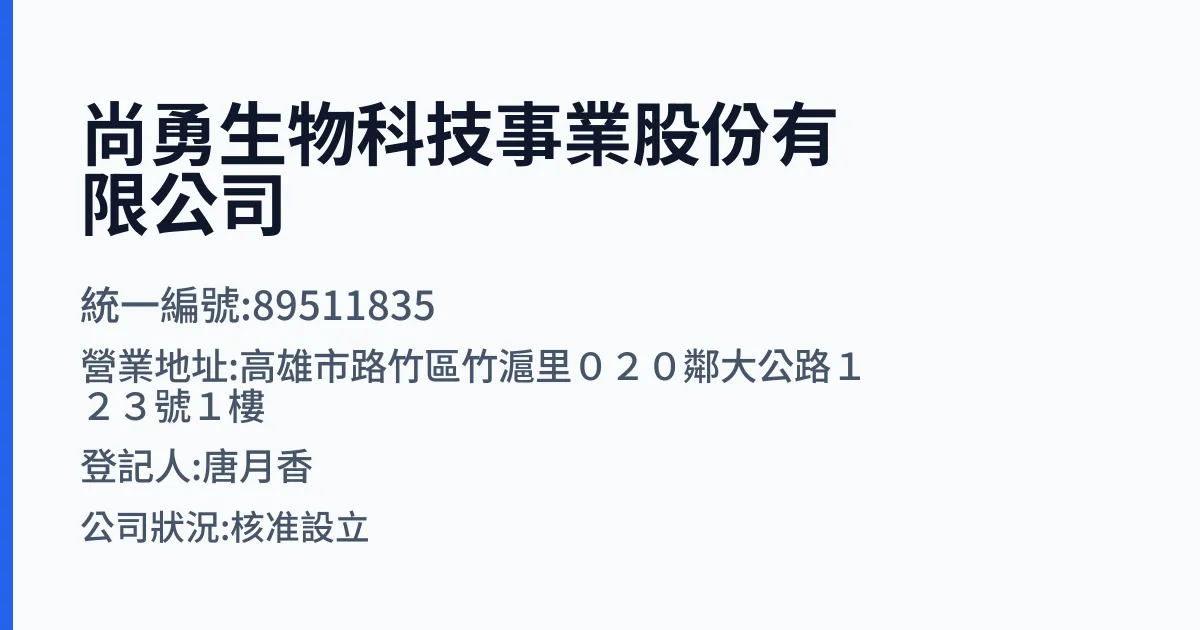 尚勇生物科技事業股份有限公司 - 統編 89511835(高雄市) 公司登記資料與營業項目詳細圖表