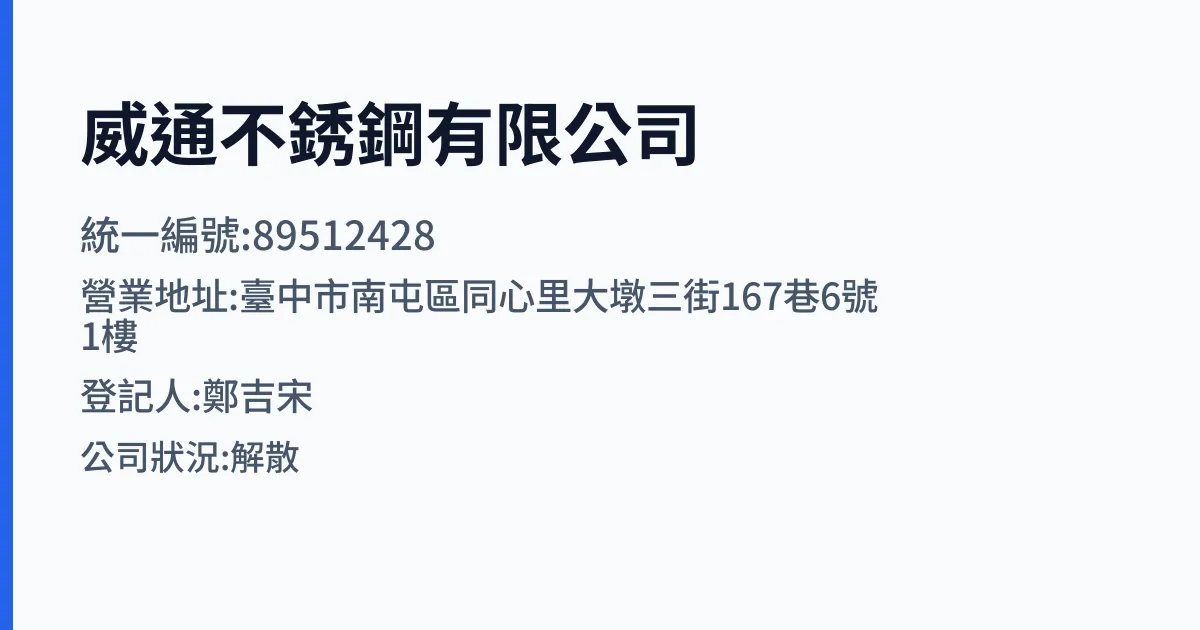 威通不銹鋼有限公司 - 統編 89512428(臺中市) 公司登記資料與營業項目詳細圖表