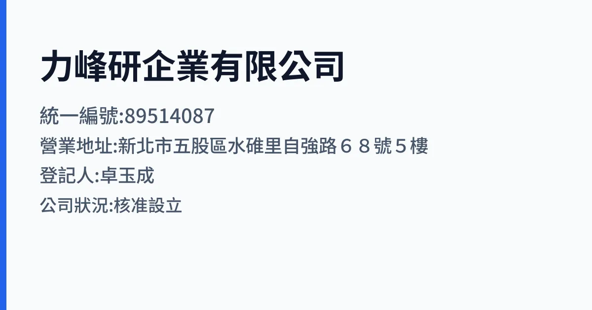 力峰研企業有限公司 - 統編 89514087(新北市) 公司登記資料與營業項目詳細圖表