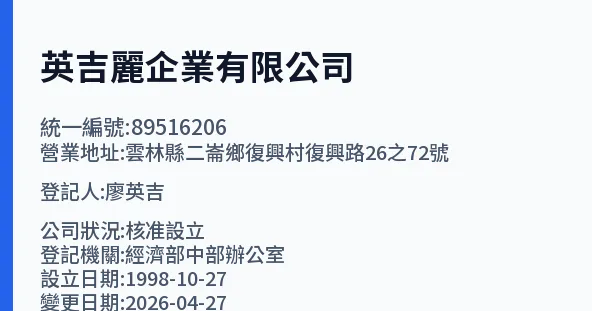 英吉麗企業有限公司的照片-統編 89516206(雲林縣) 公司登記資料與營業項目詳細圖表