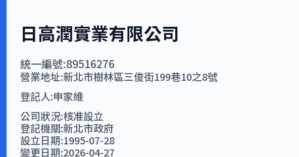 日高潤實業有限公司的照片-統編 89516276(新北市) 公司登記資料與營業項目詳細圖表
