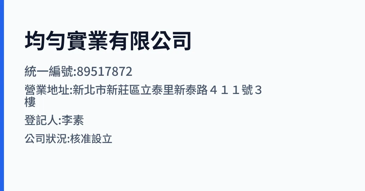 均勻實業有限公司 - 統編 89517872(新北市) 公司登記資料與營業項目詳細圖表