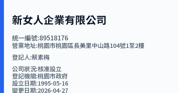 新女人企業有限公司的照片-統編 89518176(桃園市) 公司登記資料與營業項目詳細圖表