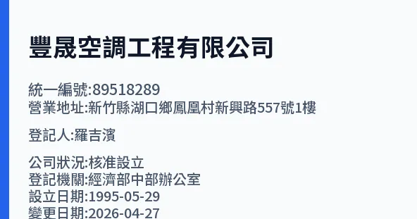 豐晟空調工程有限公司的照片-統編 89518289(新竹縣) 公司登記資料與營業項目詳細圖表