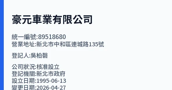 豪元車業有限公司的照片-統編 89518680(新北市) 公司登記資料與營業項目詳細圖表