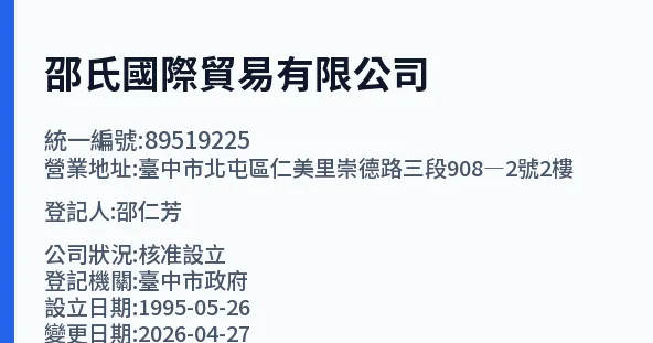 邵氏國際貿易有限公司的照片-統編 89519225(臺中市) 公司登記資料與營業項目詳細圖表