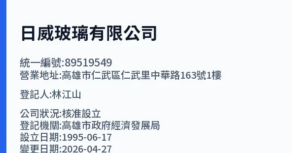 日威玻璃有限公司的照片-統編 89519549(高雄市) 公司登記資料與營業項目詳細圖表