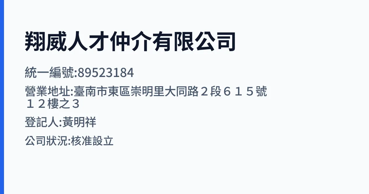 翔威人才仲介有限公司 - 統編 89523184(臺南市) 公司登記資料與營業項目詳細圖表
