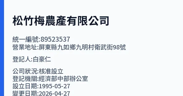 松竹梅農產有限公司的照片-統編 89523537(屏東縣) 公司登記資料與營業項目詳細圖表