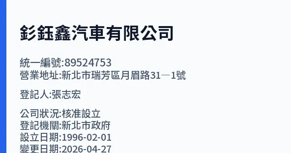 釤鈺鑫汽車有限公司的照片-統編 89524753(新北市) 公司登記資料與營業項目詳細圖表