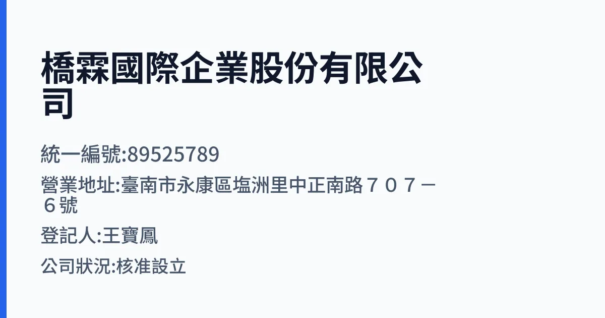 橋霖國際企業股份有限公司 - 統編 89525789(臺南市) 公司登記資料與營業項目詳細圖表