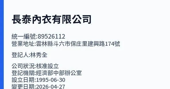 長泰內衣有限公司的照片-統編 89526112(雲林縣) 公司登記資料與營業項目詳細圖表