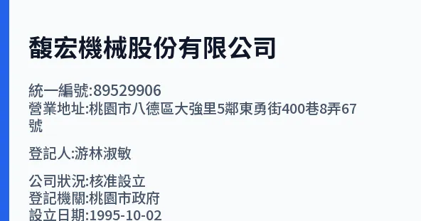 馥宏機械股份有限公司的照片-統編 89529906(桃園市) 公司登記資料與營業項目詳細圖表