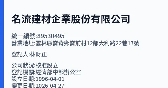 名流建材企業股份有限公司的照片-統編 89530495(雲林縣) 公司登記資料與營業項目詳細圖表