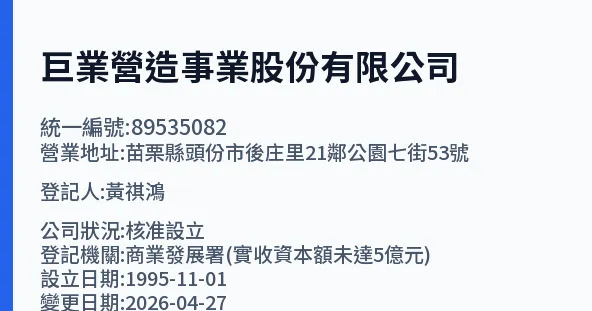 巨業營造事業股份有限公司的照片-統編 89535082(苗栗縣) 公司登記資料與營業項目詳細圖表