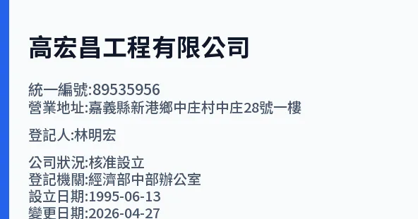 高宏昌工程有限公司的照片-統編 89535956(嘉義縣) 公司登記資料與營業項目詳細圖表