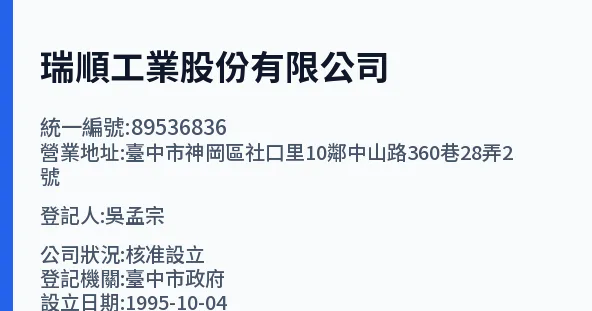 瑞順工業股份有限公司的照片-統編 89536836(臺中市) 公司登記資料與營業項目詳細圖表