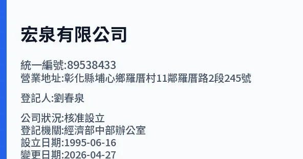 宏泉有限公司的照片-統編 89538433(彰化縣) 公司登記資料與營業項目詳細圖表