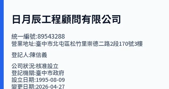 日月辰工程顧問有限公司的照片-統編 89543288(臺中市) 公司登記資料與營業項目詳細圖表