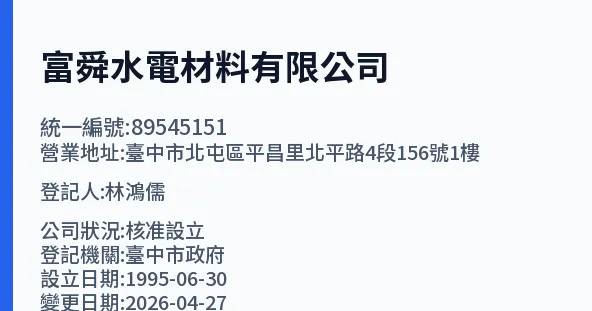 富舜水電材料有限公司的照片-統編 89545151(臺中市) 公司登記資料與營業項目詳細圖表
