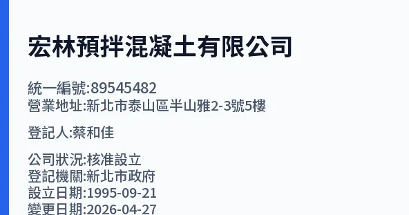 宏林預拌混凝土有限公司的照片-統編 89545482(新北市) 公司登記資料與營業項目詳細圖表