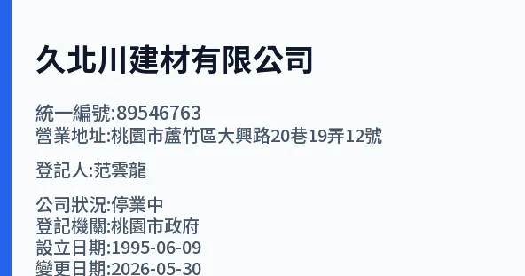 久北川建材有限公司的照片-統編 89546763(桃園市) 公司登記資料與營業項目詳細圖表