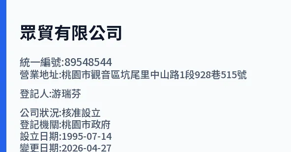 眾貿有限公司的照片-統編 89548544(桃園市) 公司登記資料與營業項目詳細圖表