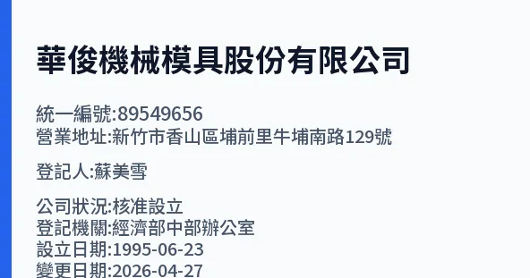 華俊機械模具股份有限公司的照片-統編 89549656(新竹市) 公司登記資料與營業項目詳細圖表