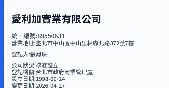 愛利加實業有限公司的照片-統編 89550631(臺北市) 公司登記資料與營業項目詳細圖表