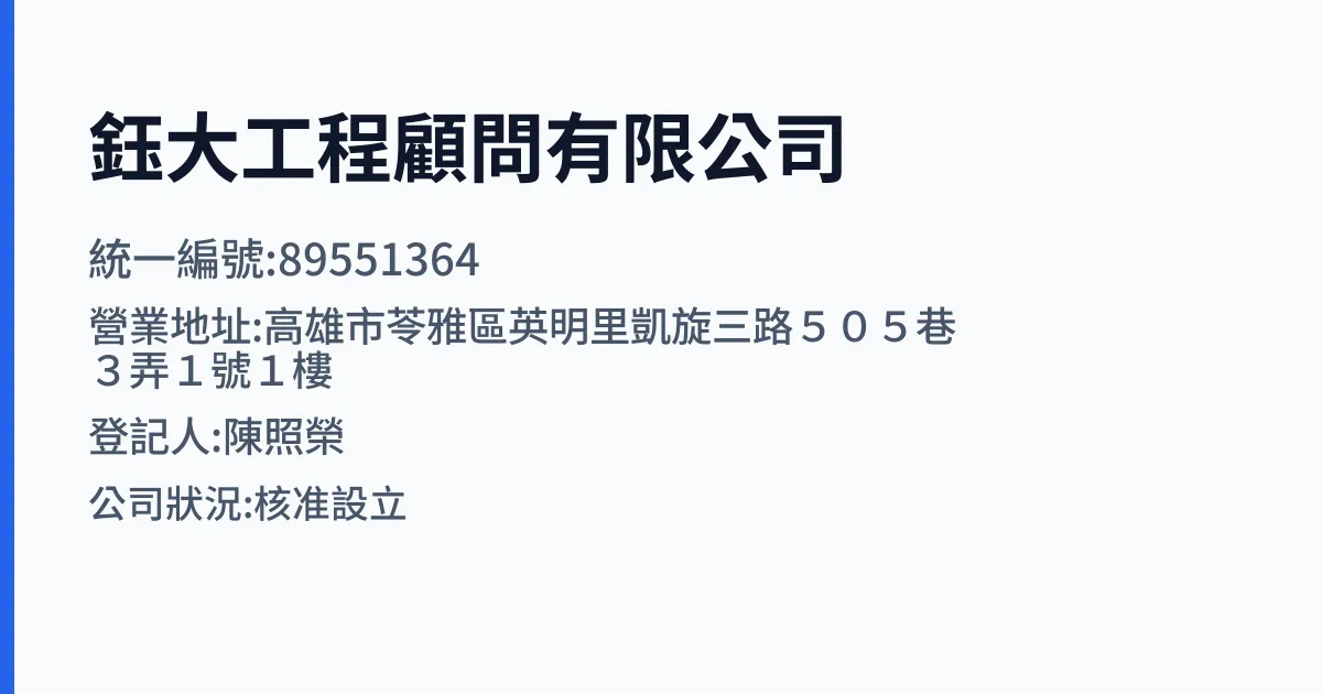 鈺大工程顧問有限公司 - 統編 89551364(高雄市) 公司登記資料與營業項目詳細圖表